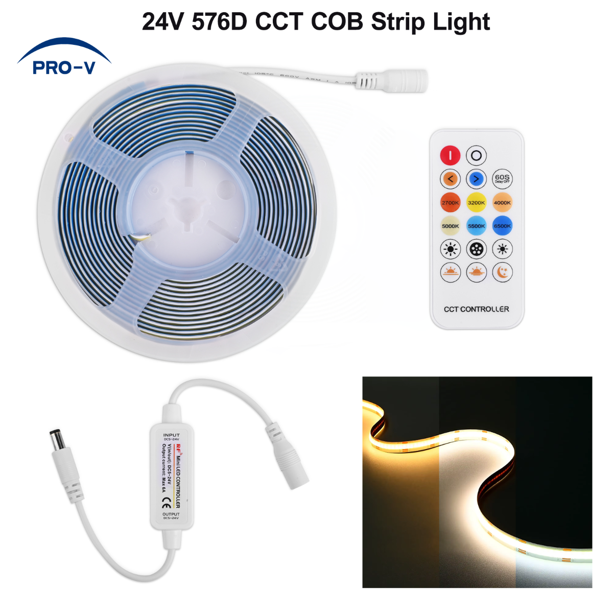 24V 576D 2PIN COB Strip Light CCT 2700K-6500K IP20 ( 10m Roll & contro ...