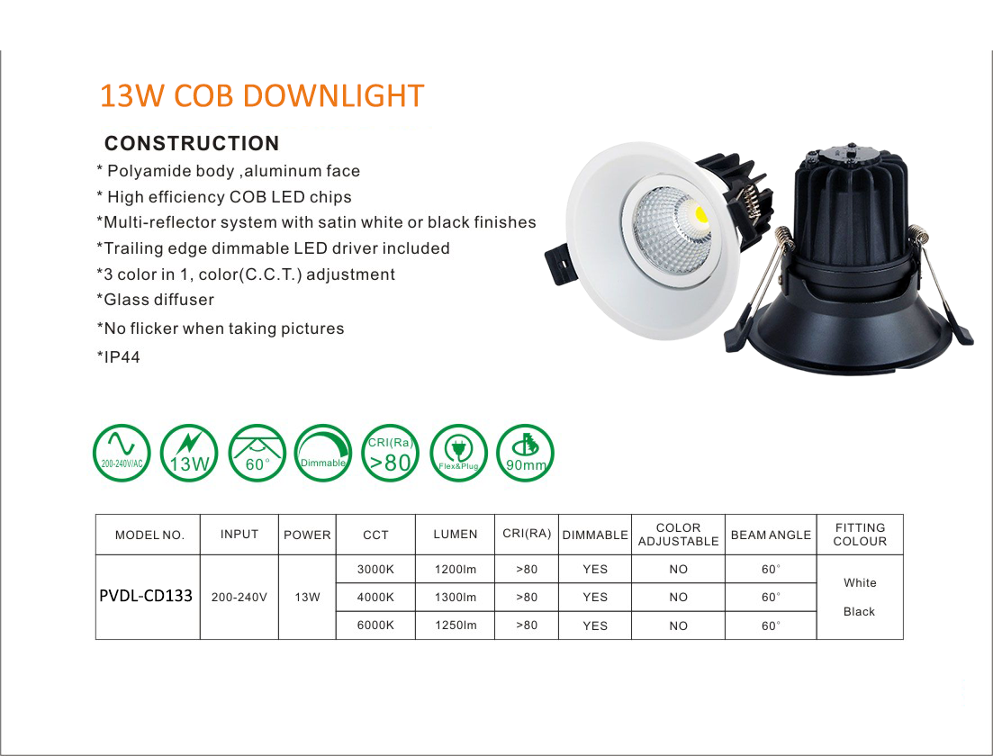 13W COB LED Downlight 3CCT Dimmable 90mm Cutout (PVDL-C13B) – Pro ...