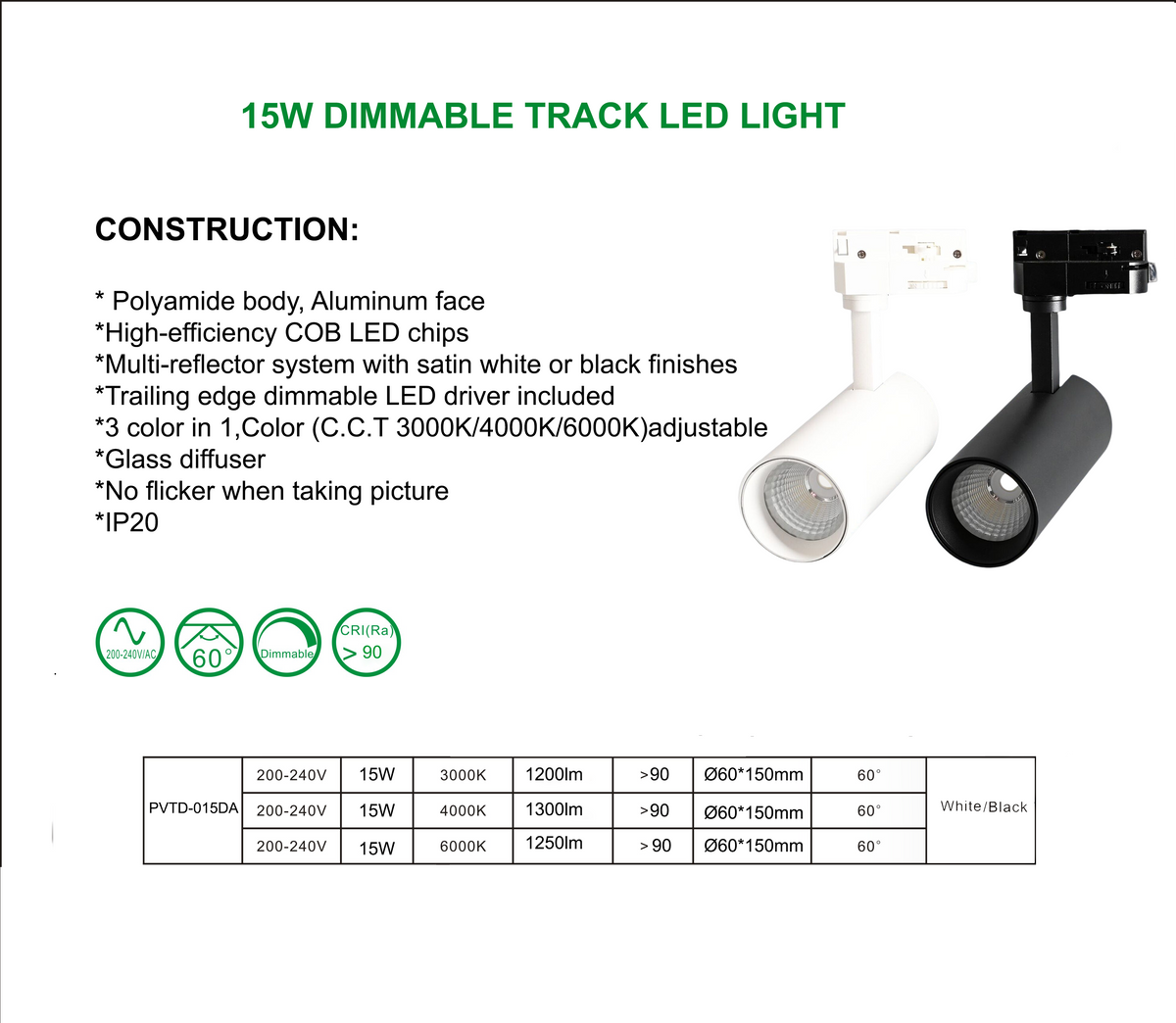 15W LED Track Light Adjustable Spot Light Dimmable &3 CCT (PVDL-TR015B ...