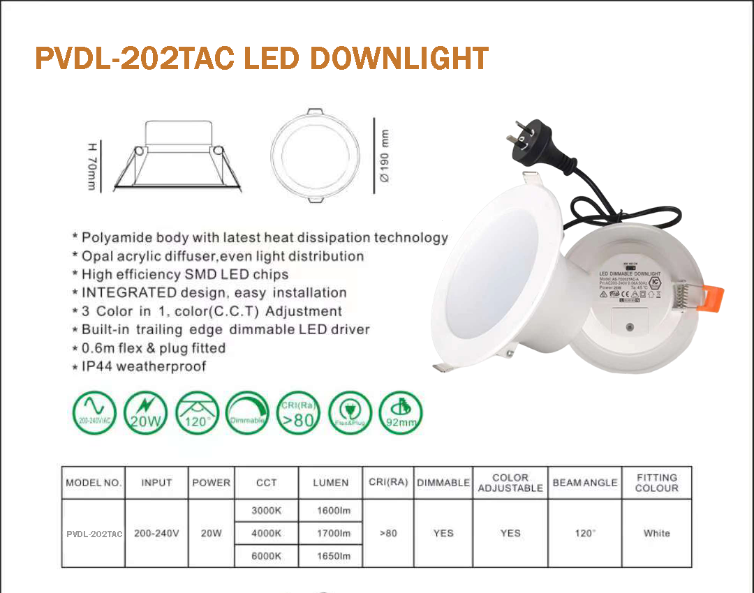 20W LED Downlight 3CCT Dimmable 150mm Cut out(PRDL-202TAC) – Pro-Vision ...