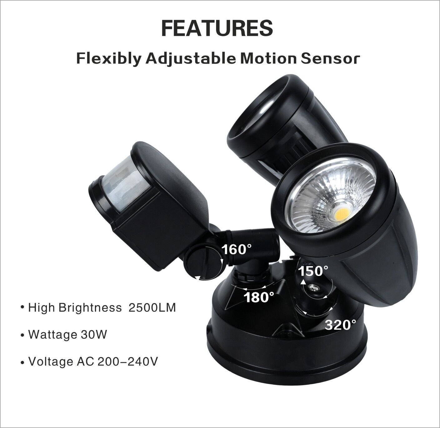 30W LED Twin Head Security Sensor Spot Wall Light Tri-colour (PVSF-D30 ...